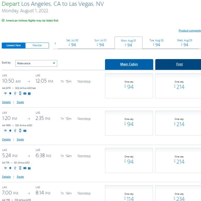 American Airlines Fare Screenshot - Travel Off Path
