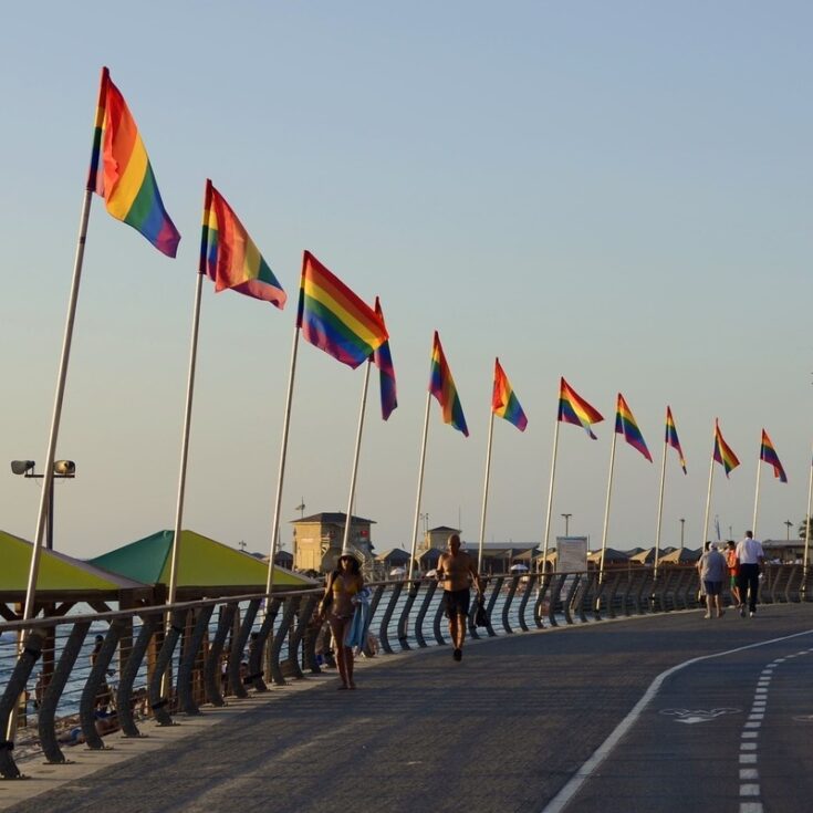 Rainbow LGBTQ Flags Displayed On A Seafront Promenade In Tel Aviv ...