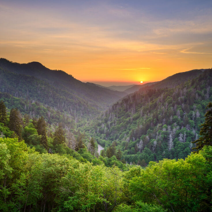 Aerial view of forests and mountains at sunset in the Smoky Mountains ...