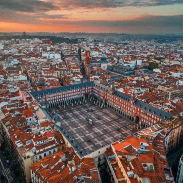Madrid plaza Mayor aerial view with historical buildings in Spain ...