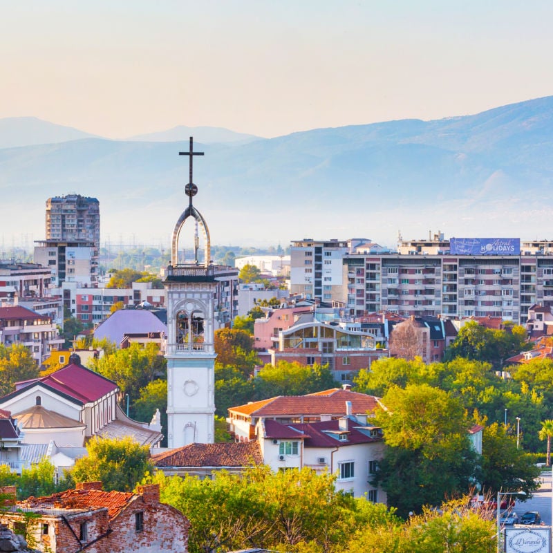 Plovdiv, Bulgaria aerial view of city with mountains in background ...