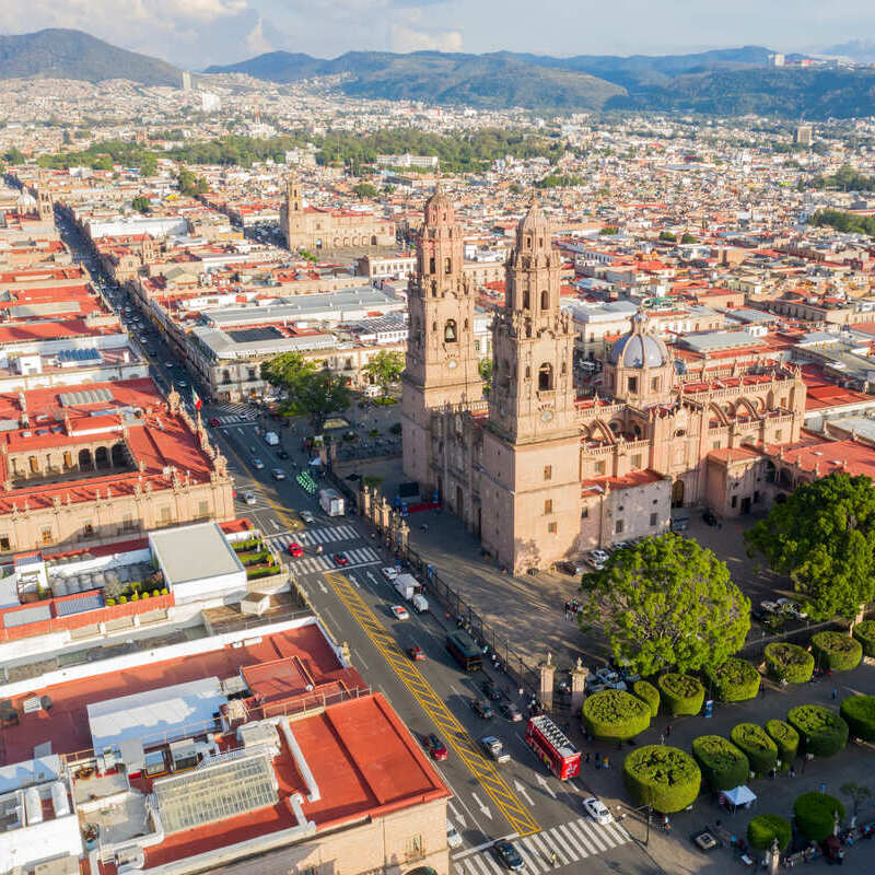Aerial View Of Morelia, A Historic Colonial City In Michoacan, Central ...