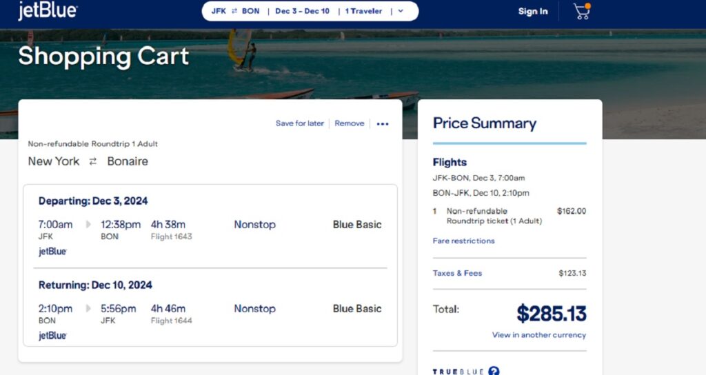 Jetblue to Bonaire flight example - Travel Off Path
