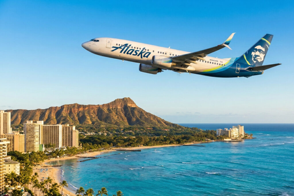 An Alaska Airlines Boeing 737 jet flying over Waikiki Beach and the ...